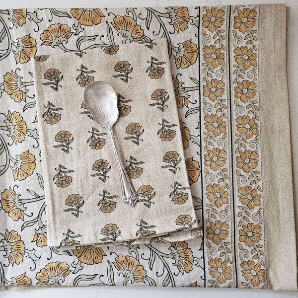 Block Print Mustard Flowers Tablecloth and Napkin Collection ...